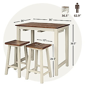 COSTWAY 3 Pieces Dining Set, Counter Height Pub Table Set with 2 Saddle Stools, Industrial Wood Breakfast Table Set for Bar, Kitchen, Living Room, Restaurant