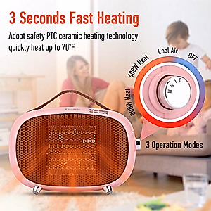 Teioe Mini Electric Ceramic Space Heater 800W/400W, Small, PTC with Tip-Over and Overheat Protection, 3 Operating Modes for Office, Bedroom and Under Desk (PINK)