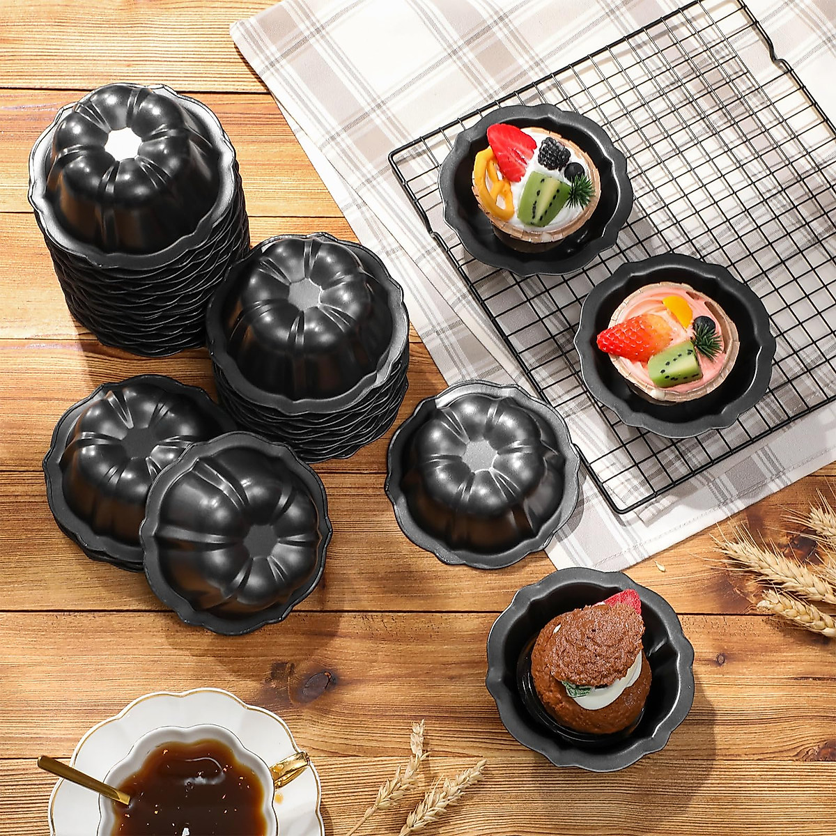 Yungyan 36 Pcs Fluted 4 In Mini Cake Pan Set Nonstick Mini Flan Molds for Baking Small Chocoflan Mold Cake Mold Cup with Flower Shape for Muffin Bavarois Brownie Cupcake Pudding Canele Bread Air Fryer