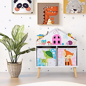 HONEY JOY Toy and Book Organizer for Kids, Wooden Stand Bookcase w/ 2 Storage Bins, Children Toy Storage Chest Box w/Elevated Solid Wood Legs, Toy Storage Unit Organizer for Playroom (White)