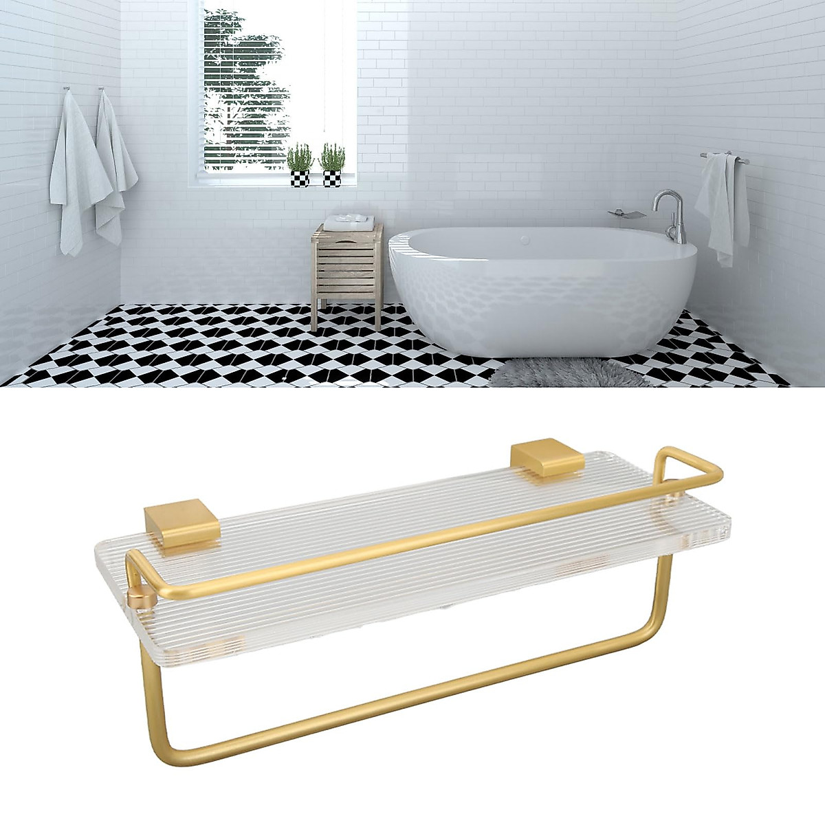 NYSUZHOUJI Bathroom Floating Shelves, Versatile Storage Rack Wall Mounted Hanging Shelves with Golden Towel Rack, for Bathroom Over Toilet Living Room Kitchen Bedroom (30Q)