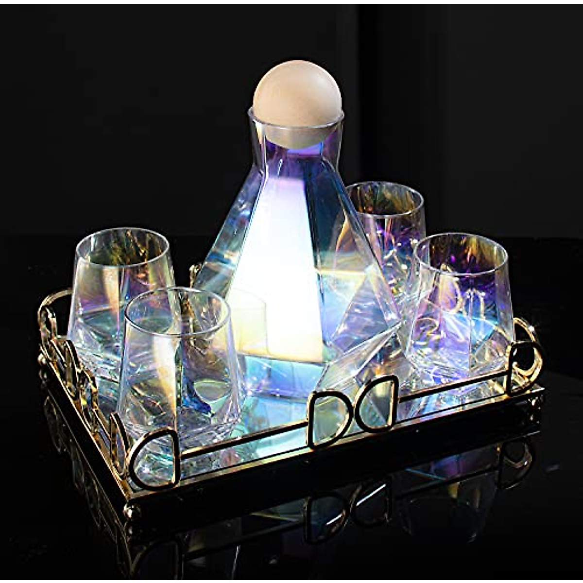 Diamond Iridescent Glass Diamond Decanter and Glasses Set, The Wine Savant Rainbow Iridescent Comes With A Diamond Decanter 4 Whiskey/Wine Diamond Glasses, 1 Tray and a Perfect Box