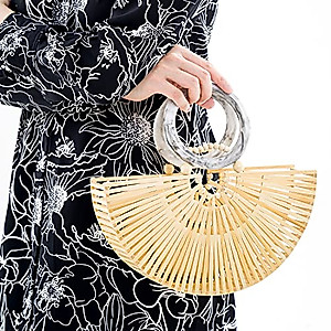 Popmazing Bamboo Handbag Semicircular Bag With Stone Strap Women Gifts For Her On Birthday - Summer Straw Bags, Handmade Tote Bag - Wooden Beach Purses Basket Handle Handbags For Summer Beach