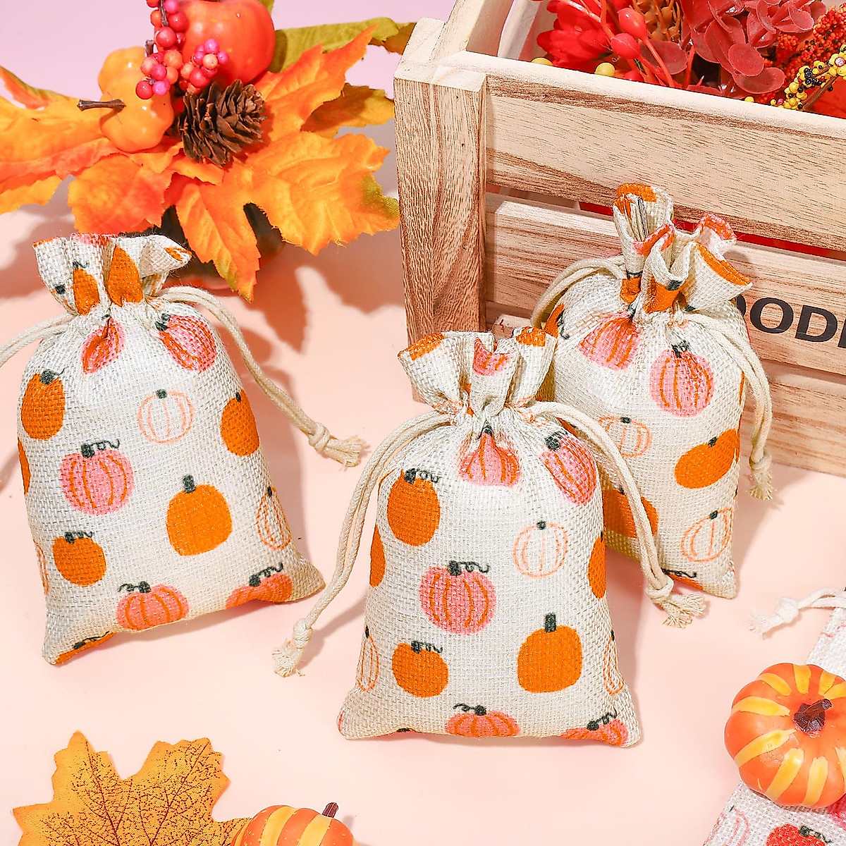 JarThenaAMCS 24Pcs Fall Pumpkin Burlap Gift Bags Cute Pink Orange Pumpkin Linen Drawstring Bags Jewelry Pouch Bags for Autumn Harvest Thanksgiving Party, 4 x 6in