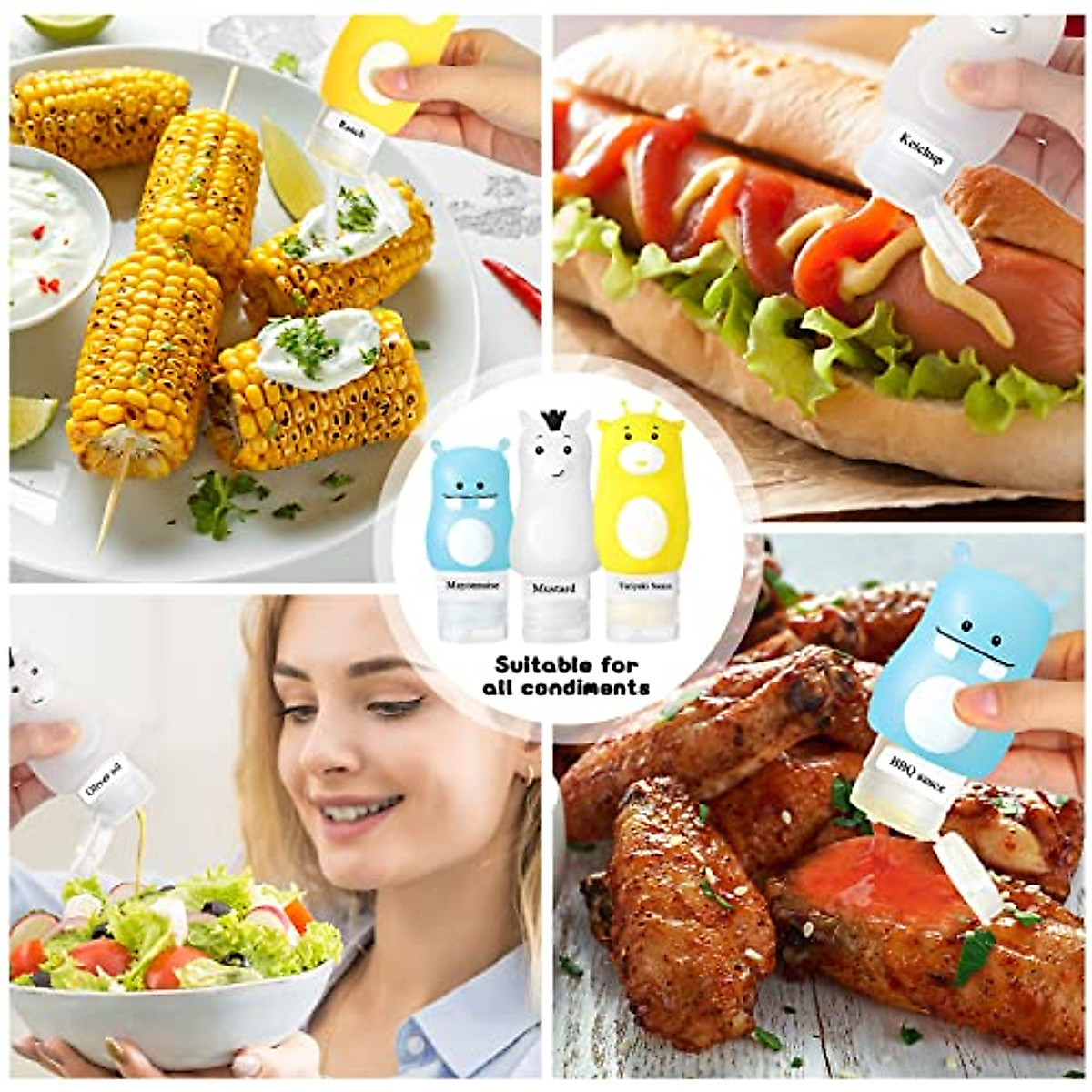 9 Pcs 6 Silicone Condiment Squeeze Bottles Squeeze Salad Dressing Bottles Portable Sauce Bottle Leak Proof Food Storage Bottles with Cleaning Brush Label Sticker Funnels for Lunch (Hippo, Horse, Deer)