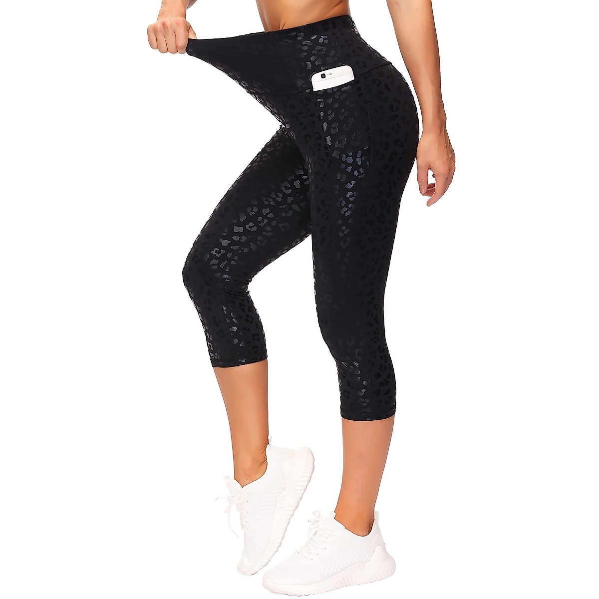 THE GYM PEOPLE Tummy Control Workout Capris Leggings with Pockets High Waist Athletic Yoga Pants for Women Running Hiking Silver/Black