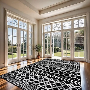 CAMILSON Boho Moroccan Black and White Rug Geometric Diamond 8x10 Area Rugs for Living Room Bedroom Kitchen Modern Bohemian Soft Stain Resistant Non-Shedding Indoor Carpet (8 x 10 Black - White)