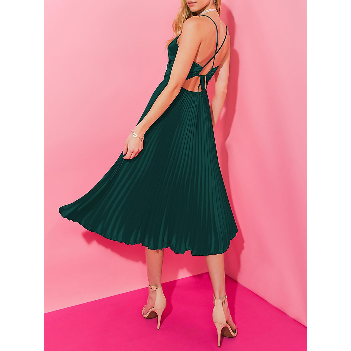 ZAFUL Womens Satin Sexy Backless Wrap V Neck Sleeveless Spaghetti Strap Pleated Flowy Party Midi Dress