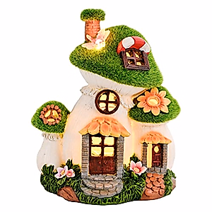 TERESA'S COLLECTIONS Flocked Big & Mini Mushroom Fairy House Garden Statues with Solar Lights, Resin Lawn Ornaments Outdoor Cottage Figurines Garden Decor for Outside Patio Yard Decorations, 8.7 inch