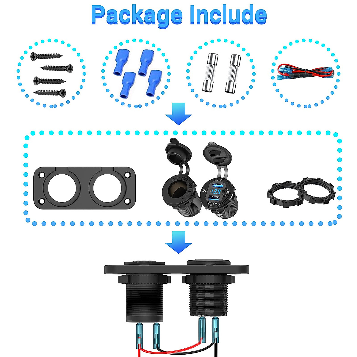 Cigarette Lighter Socket 12V Power Outlet, Qidoe Aluminum 40W Dual QC3.0 USB Charger Socket with LED Voltmeter Switch,150W DC Lighter Socket Waterproof 12V Plug Panel for Car Boat RV Marine Golf Cart