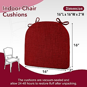 downluxe Indoor Chair Cushions for Dining Chairs, Soft and Comfortable Textured Memory Foam Kitchen Chair Pads with Ties and Non-Slip Backing, 16" x 16" x 2", Red, 4 Pack