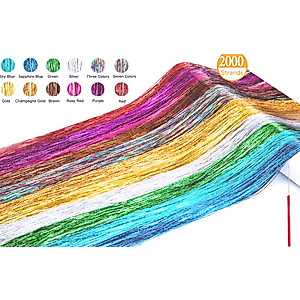 Hair Tinsel Kit 12 Colors, 2500 Strands 48 Inches Sparkling Tinsel Hair Extensions with Tool, Fairy Hair Tinsel for Birthday Halloween Christmas New Year Party