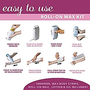 Depimiel Soft Wax Kit - Wax Roller with Warmer and Wax Strips - Wax Roll-On with Before and After Depilatory Lotions - Roller Wax for Legs, Arms, Bikini, Face - Gentle At-Home Waxing Kit