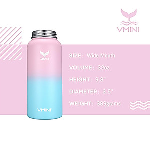 Vmini Water Bottle with New Wide Handle Straw Lid, Wide Mouth Vacuum Insulated 18/8 Stainless Steel, 4 Straws and 2 Brushes, 32 oz, Gradient Pink + Blue