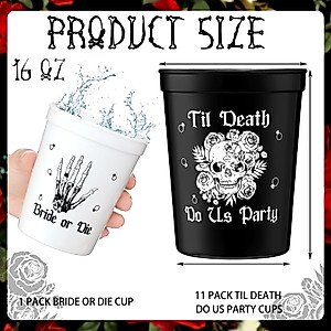 Sliner 12 Pcs Bride or Die Bachelorette Party Cups 16 oz Skull Till Death Do Us Party Cup Halloween Black White Plastic Bride Cup Reusable for Bridesmaid Bridal Shower Wedding Decoration Favors