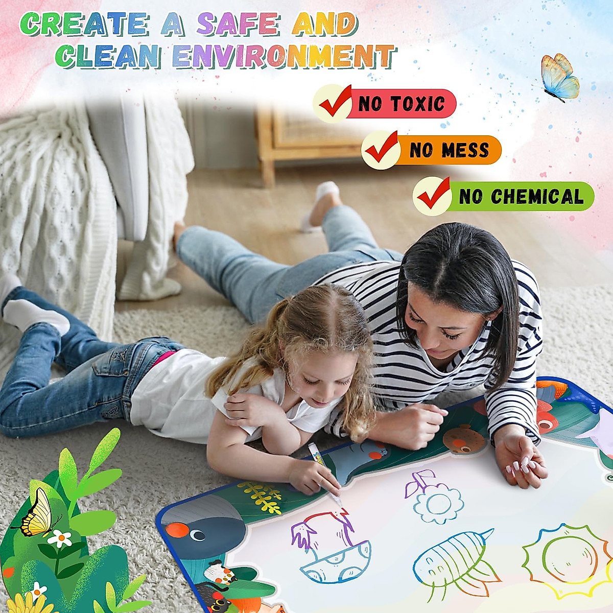 bemece Water Doodle Mat, Aqua Painting Drawing Mat, Mess Free Learning Toy Mat Early Education Gifts for Kids ChildrenToddlers Aged 3 4 5 6 7 Years Old
