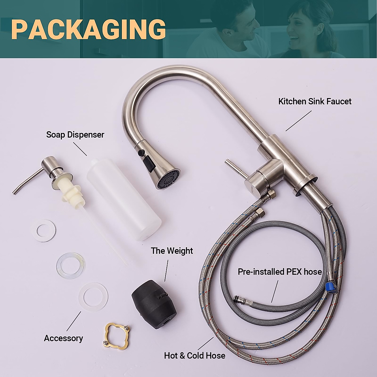 APPASO Kitchen Faucet with Soap Dispenser, Brushed Nickel Kitchen Faucet with Pull Down Sprayer (3 Modes), 304 Stainless Steel High Arc 360 Degree Swivel Single Handle Faucet for Kitchen Sink