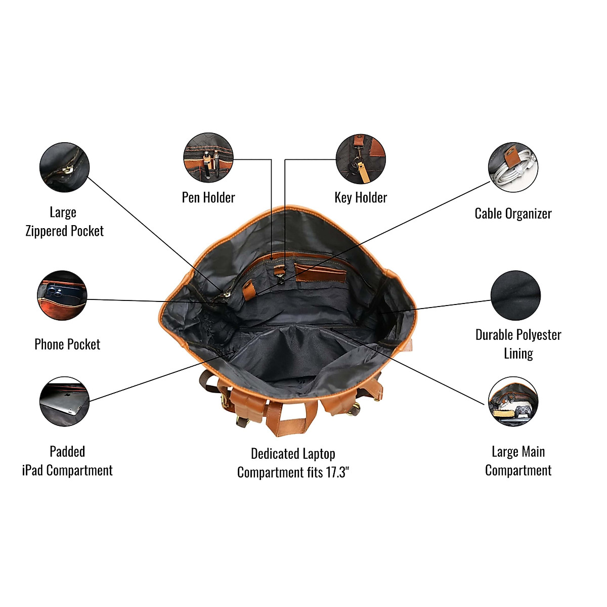 jaald 23" Brown Leather Backpack Vintage Rucksack Laptop Bag Water Resistant Roll Top College Bookbag Comfortable Lightweight Travel Hiking/picnic For Men