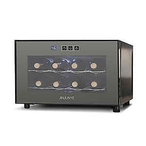 JINJUNYE 8 Bottle Wine Cooler Refrigerator, Wine Fridge Small, Countertop Wine Cooler with Temperature Control, Mini Freestanding Wine Cellar Glass Door for Home, Office, Bar, High-End Gift