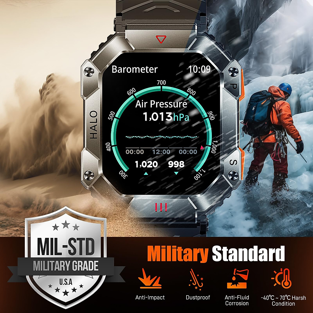 Military Smart Watch for Men 2.0" HD with Elevation Barometer Compass Fitness Tracker with IP68 Waterproof Heart Rate Sleep Monitor 650 mAh Outdoor Rugged Tactical Sports Smartwatch for iOS Android