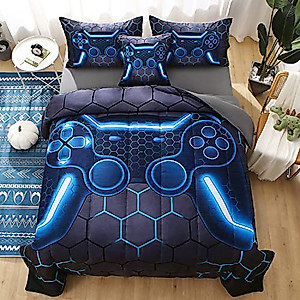 JQinHome Full Gamer Comforter Set,6 Piece Bed in A Bag 3D Video Game Bedding -All Season Down Alternative Gamer Bedding Sets - (Blue Game Controller)