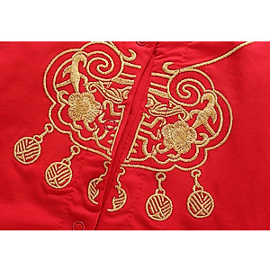 3PC Newborn Baby Girl Boy New Year Tang Suit Red Romper Bodysuit Hat Shoes Outfits (Red, 18-24 M)