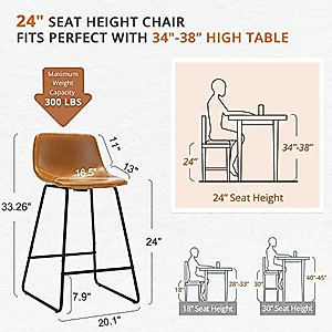Alexander Indoor/Outdoor Industrial Faux Leather Bar Stools Set of 4,Urban Armless Dining Chairs With Metal Legs, Modern Counter Height Barstools For High Table Home office Kitchen Island Chair 24"