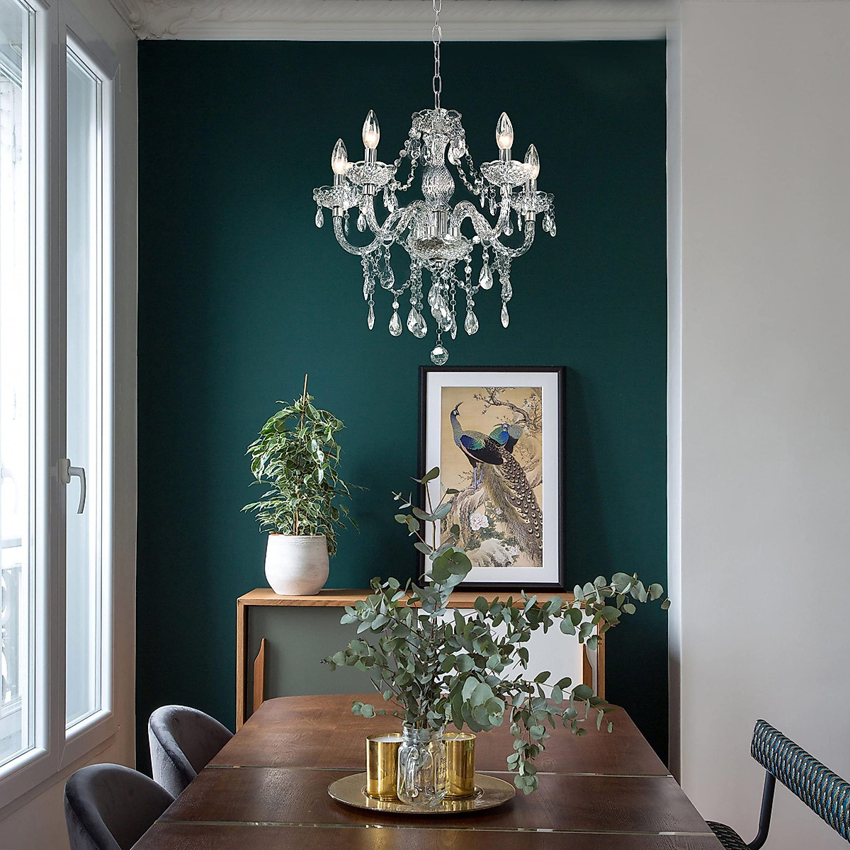 PAPAYA Crystal Chandeliers Clear Chandelier 5-Light Modern Pendant Ceiling Lighting Fixture with Acrylic Crystals & Beads for Girls Room,Living Room,Kitchen Island,Entryway