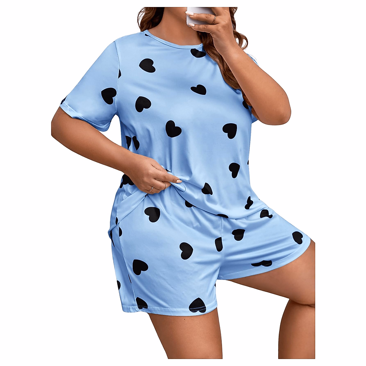 GORGLITTER Women's Plus Size 2 Piece Pajama Set Heart Print Short Sleeve Crewneck Tee with Shorts Pjs Set Light Blue 4X-Large Plus