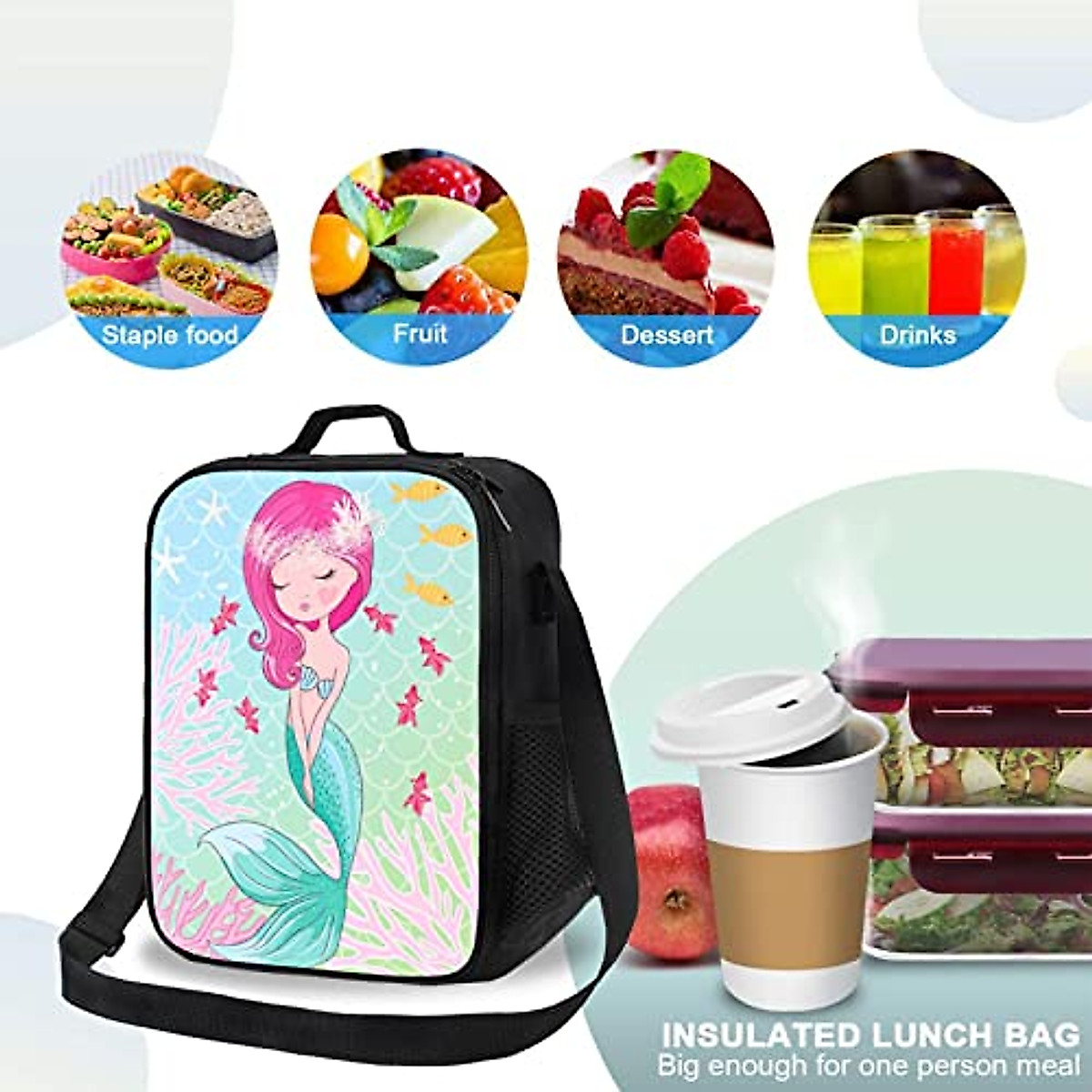 Kids Lunch Box, Insulated Lunch Bag for Girls, Pink Mermaid Cute Lunch Bag with Shoulder Strap, School Bento Lunch Box for Kids Toddlers Teens, Small Black Reusable Cooler Thermal Meal Tote Kit
