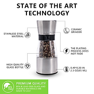Pepper Grinder, Professional Refillable Pepper Mill with 5 levels Adjustable Coarse Mills, Salt Grinder Stainless Steel Sea Salt &amp; Spice Shakers