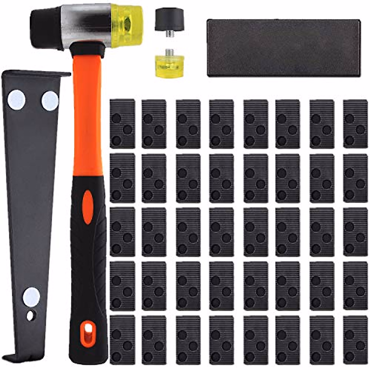 Laminate Wood Flooring Installation Kit with Solid Tapping Block, Long & Wider Pull Bar, 40 Spacers, Double-Faced Mallet & 2 Replacement Mallet Head for Domestic & Professional Flooring Installation