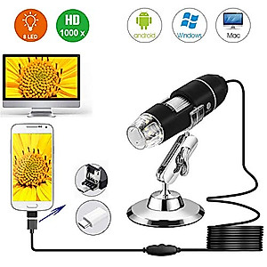 USB Microscope,1000x Magnification Endoscope, 8 LED USB 2.0 Digital Microscope, Mini Camera with OTG Adapter and Metal Stand, Compatible with Mac Window 7 8 10 Android Linux (Black)