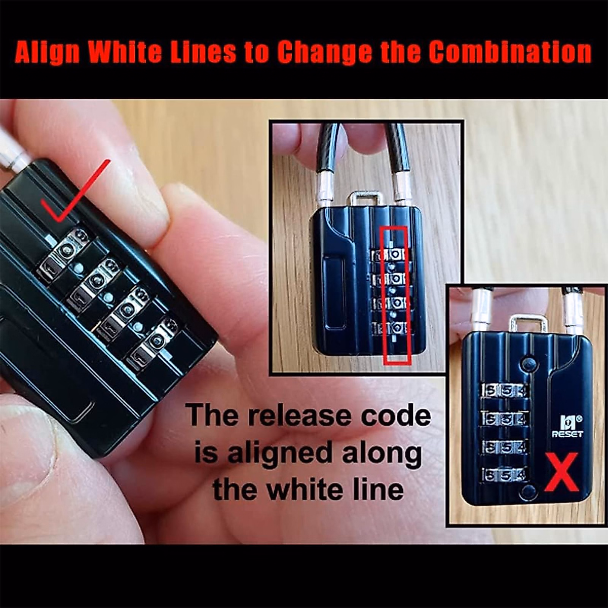 RESET-201 (2 Pack) 4 Digit Combination Padlock with 12 inch (30cm) Steel Cable,Cable Lock for Trash Can, Locker, Gym Locker, Luggage, Suitcase, Gun Case, Trigger,Helmet, 5mm Diameter, Black