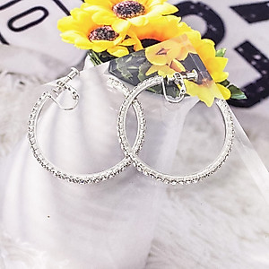 LAXPICOL Fashion Sparkly Austrian Circle Hoop Earrings Clip On Earrings For Women No Piercing Earrrings Silver Tone 1.6"*1.6"
