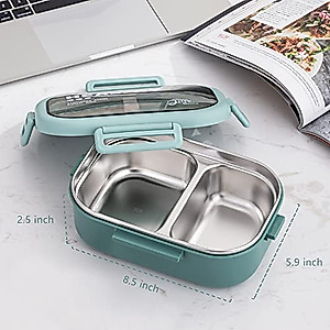 Lille Home 28oz Stainless Steel Leakproof 2-Compartment Bento Lunch Box/Portion Control Food Container with Lunch Bag and Cutlery Set, BPA Free (Green)
