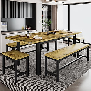 iPormis 5-Piece Dining Table Set for 4-8 People, Extendable Kitchen Table Set with 2 Benches and 2 Square Stools, Mid-Century Dining Room Table with Metal Frame & MDF Board, Saving Space, Rustic Brown