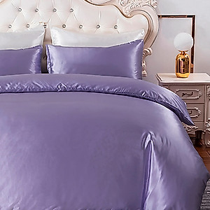 Vagasi Purple Duvet Cover Set King Size 3 Pieces - Comforter Cover Super Soft with 2 Pillow Shams - Satin Bedding Set Breathable & Smooth with Zipper Closure