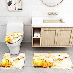 Pumpkin Bathroom Sets with Shower Curtain and Rugs and Accessories,Pumpkin Halloween Shower Curtain Sets,Autumn Leaf Shower Curtains for The Bathroom,Fall Bathroom Decor 4 Pcs