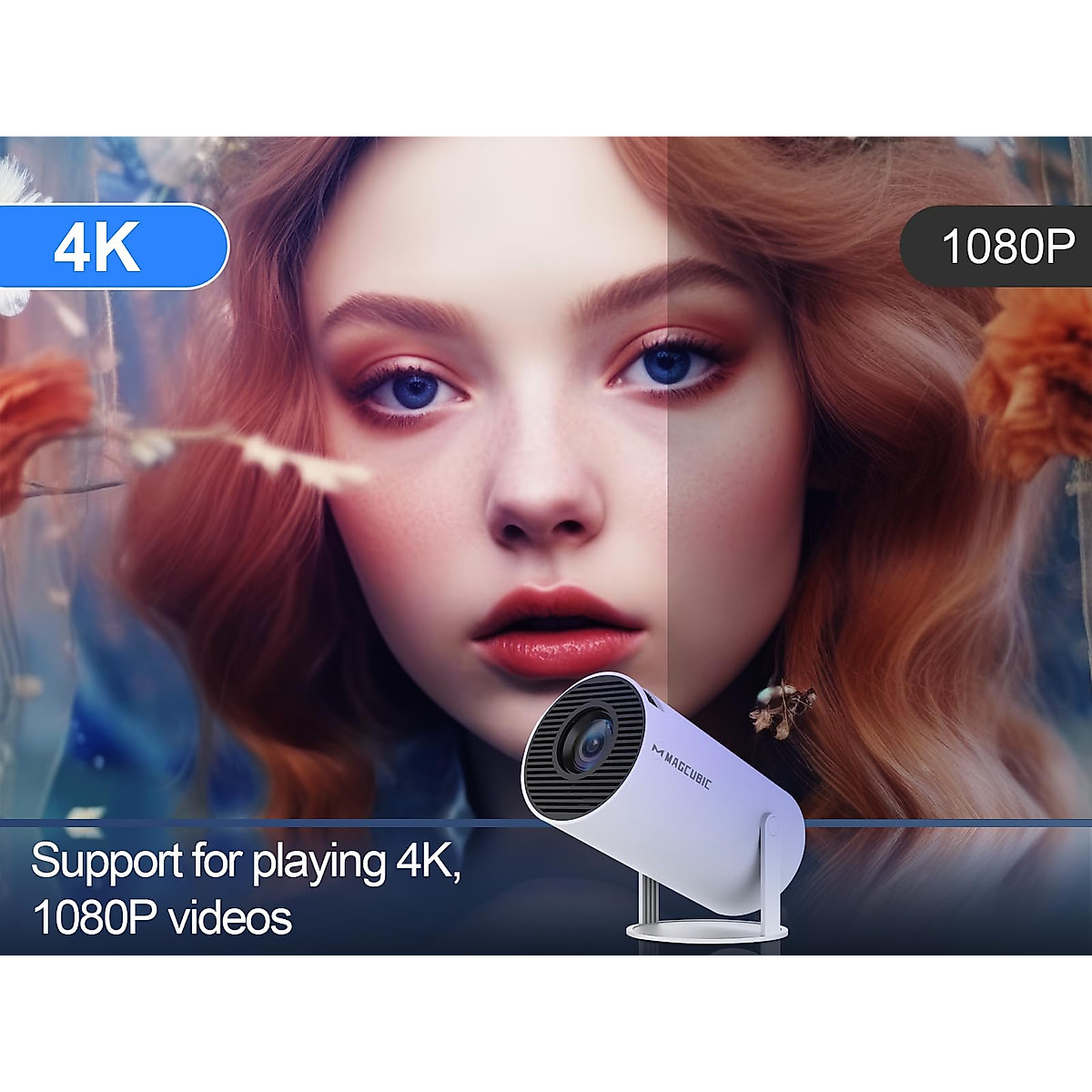 Mini Projector, Magcubic HY300 Auto Keystone Correction Portable Projector, 4K/ 200 ANSI Smart Projector with 2.4/5G WiFi, BT 5.0, 130 Inch Screen, 180 Degree Flip, Round Design, Home Video Projector