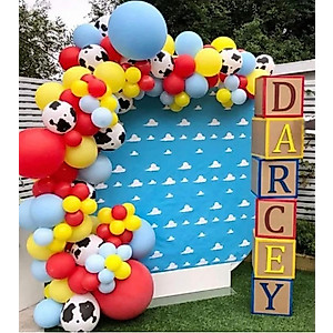 Toy Inspired Story Balloons, 12 Inch Red Blue Yellow Balloons With Cow Print Sky Blue Cloud Balloons For Kids Boys Girls Inspired Story Party Themed Party Decor Decorations