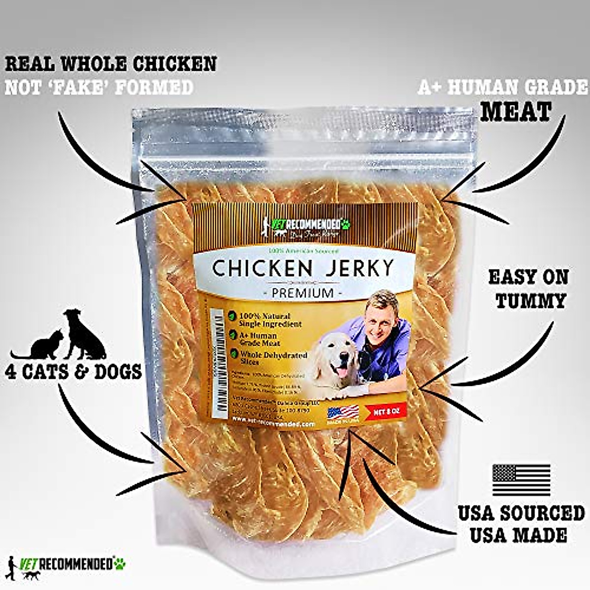 Vet Recommended Premium Chicken Jerky for Dogs - Giant 8oz Bag | All Natural Dog Treats - Single Ingredient - No Fillers or Preservatives - Whole Dehydrated Chicken; Not Formed - Made in USA