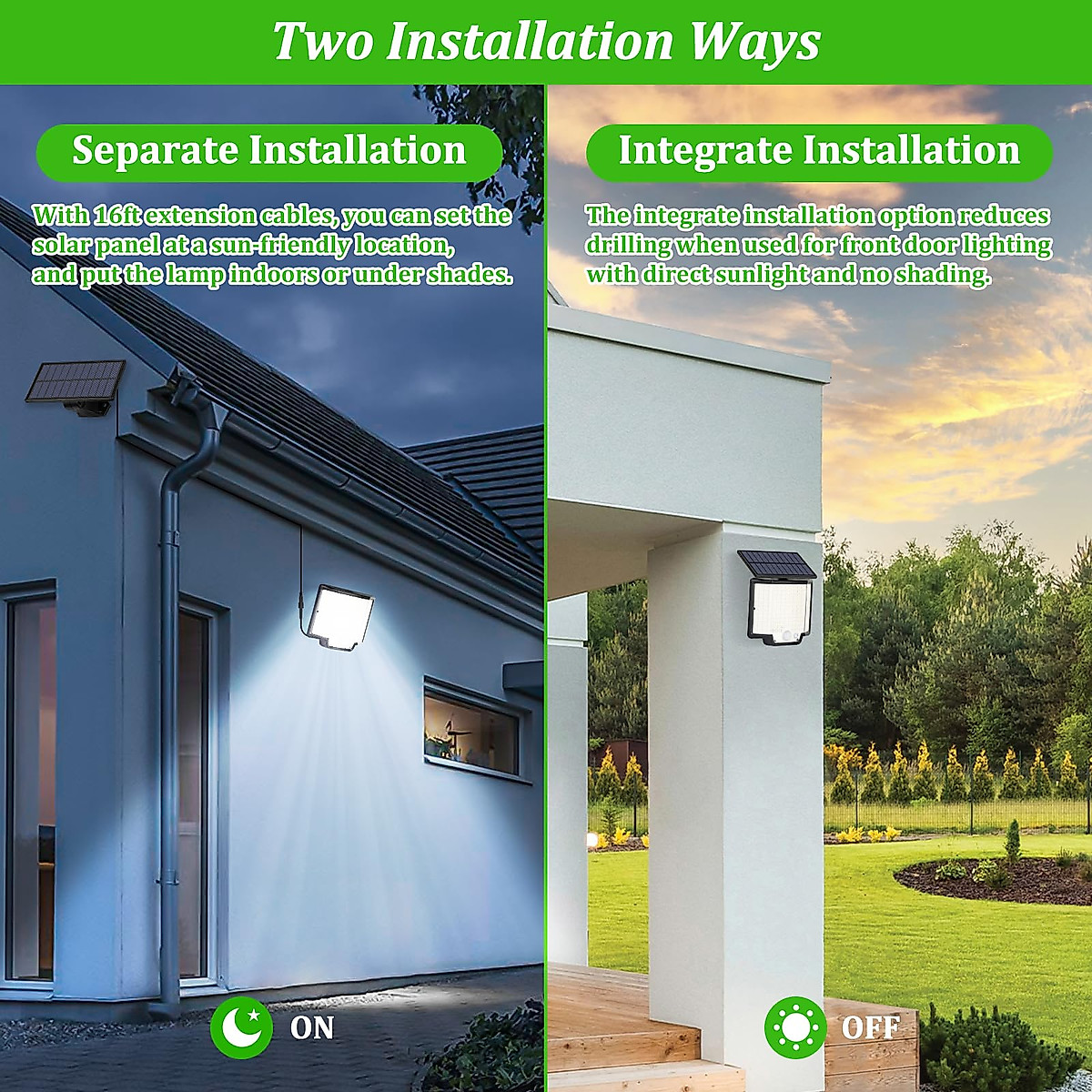 Solar Lights for Outside, 166 LED Solar Lights Outdoor Waterproof, Motion Sensor Outdoor Lights 3 Modes, Split Solar Powered Light with Extension Wires, Security Lights for Yard Garden Garage, 2-Pack