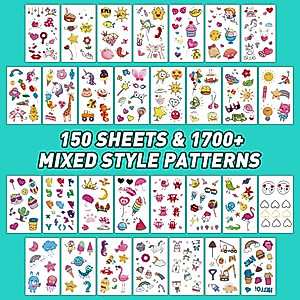 Metker Tattoos for Kids - 150 Sheets(1700 Mixed Styles Patterns) | Temporary Tattoos Stickers for Girls and Boys | Goody Bag Favor for Parties | Non-toxic、Skin-Safe*、Cosmetic-Grade