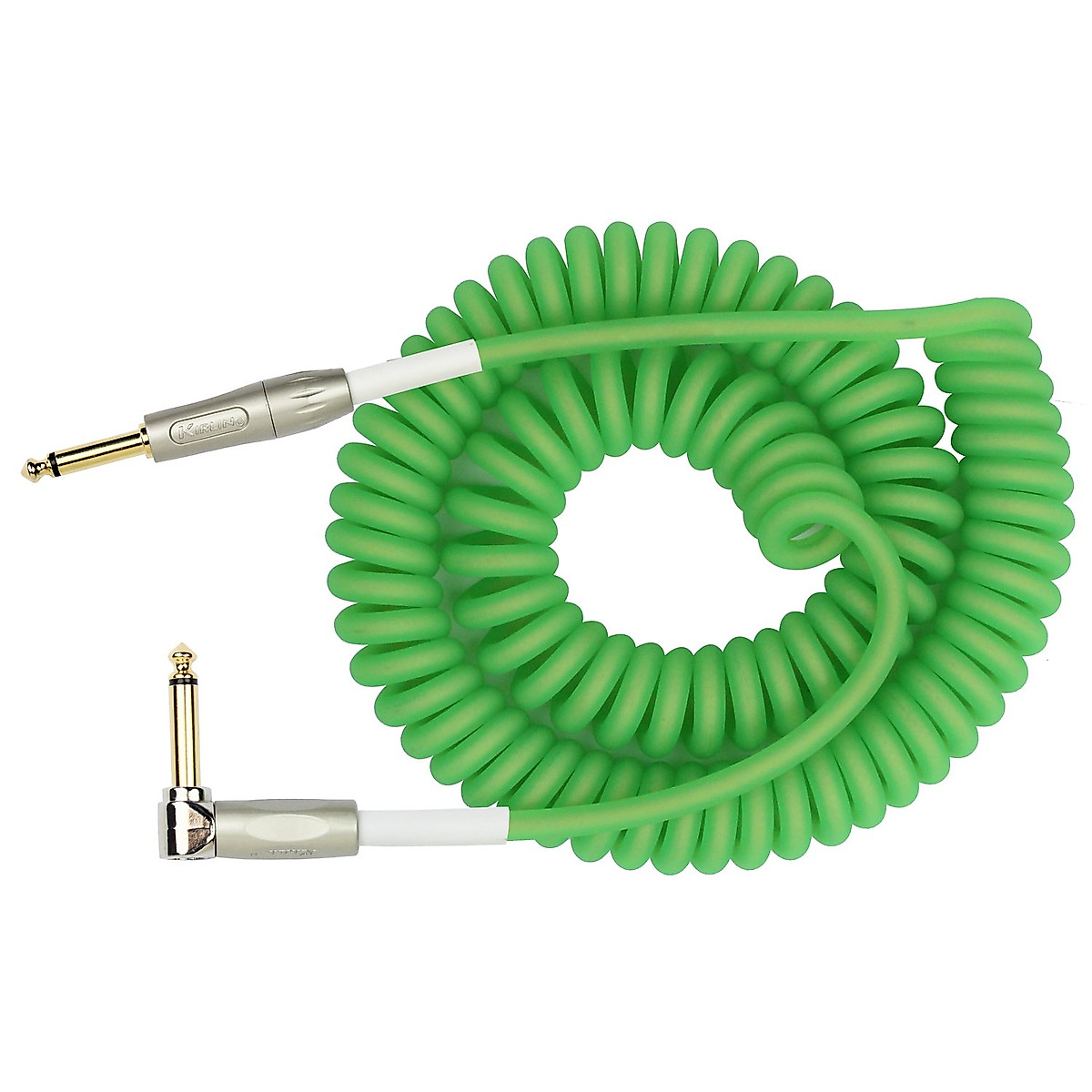 KIRLIN Cable Kirlin IMK-202PFGL-30/GRF-Straight to Right Angle ¼” Premium Coil Instrument Cable, Green Translucent PVC Jacket-30ft, 1/4" Mono Plug, (IMK-202PFGL-30/GRF)