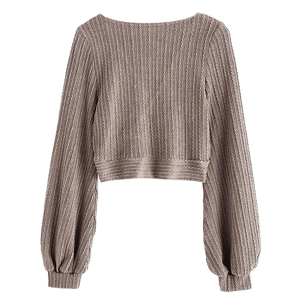 ZAFUL Women's Pullover Ribbed Batwing Lantern Sleeve Knitwear Knitted Crop Top Solid Round Neck Long Sleeve T-Shirt