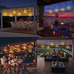 4 Pack Hanging Solar Firework Lights 480 LED Starburst Lights Outdoor Waterproof Copper Wire Lights 8 Modes Remote Control Fairy Lights Decorative for Garden Tree, Eave, Patio, Gazebo (Warm)