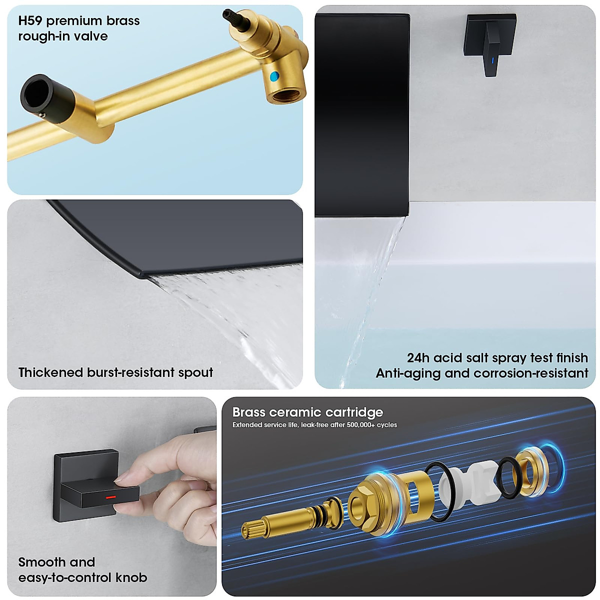 Qinkell Wall Mount Tub Faucet Matte Black Waterfall Tub Fill Roman Bathtub Faucet High Flow Brass Bathroom Bathtub Faucets with Rough-in Valve and 2 Handles