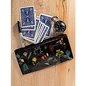 Blue Q Pencil Case, Plant Study - chunky zipper, sturdy and easy-to-rinse-clean, 4.25"h x 8.5"w, made from 95% recycled material (Black with Botanical Drawings)