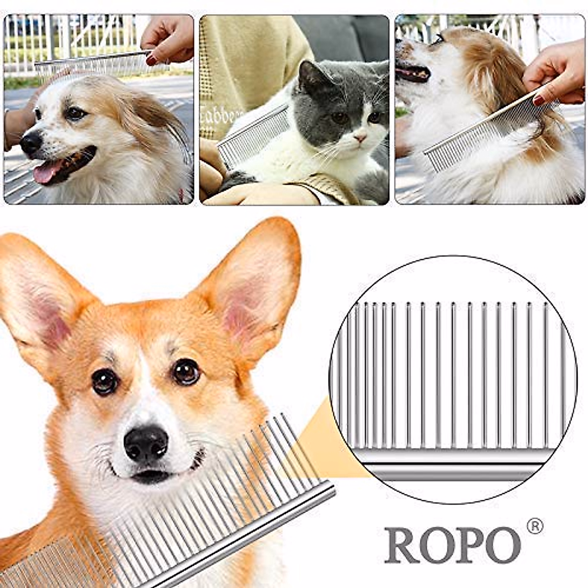 CWXZSTM Pet Steel Combs Dog Cat Comb Tool for Removing Matted Fur - Pet Dematting Comb with Rounded Teeth and Non-Slip Grip Handle - Prevents Knots and Mats for Long and Short Haired Pets,6.5IN/7.4IN